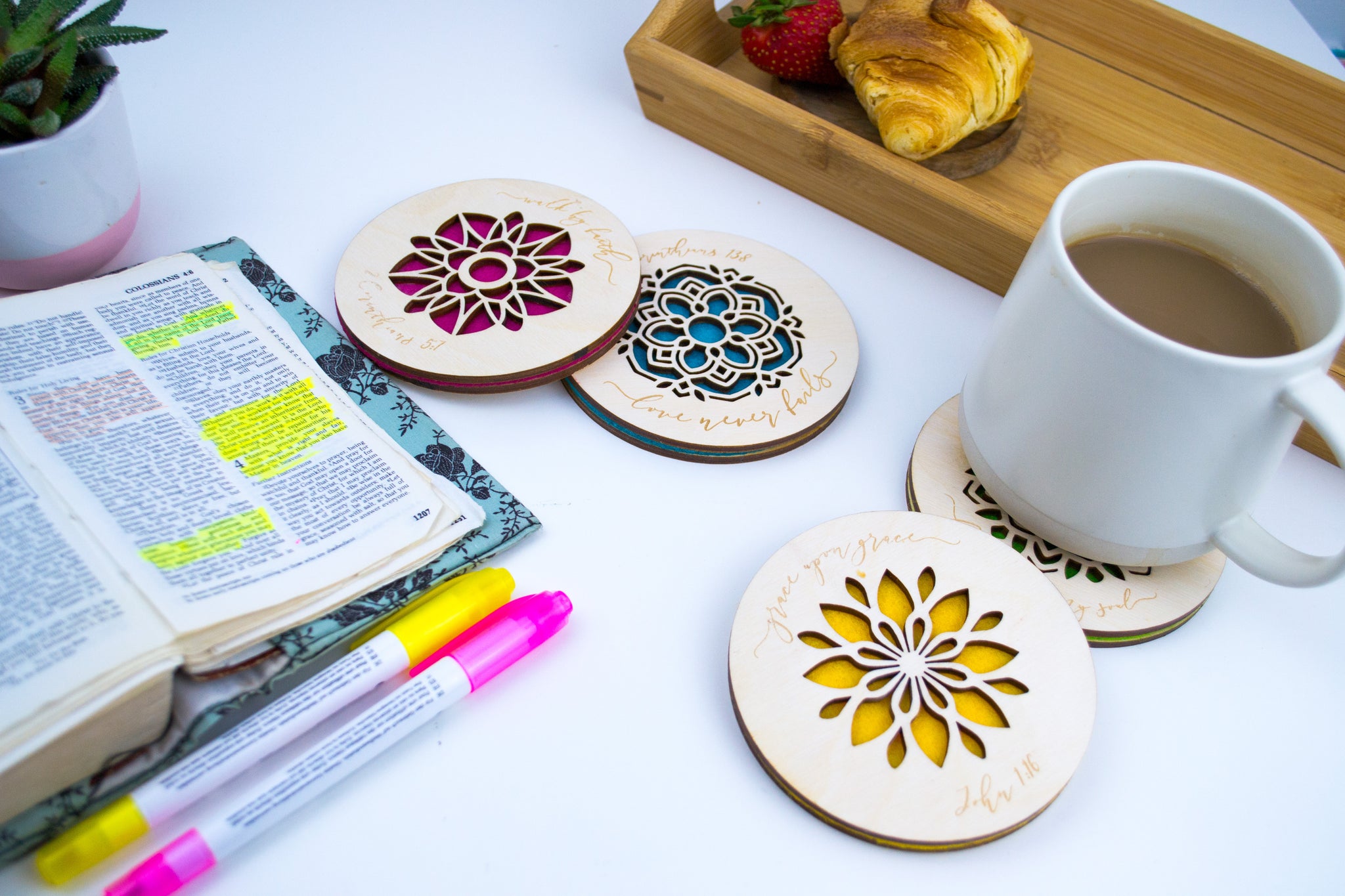Encouraging felt and wood engraved scripture coasters – Birch and Tides