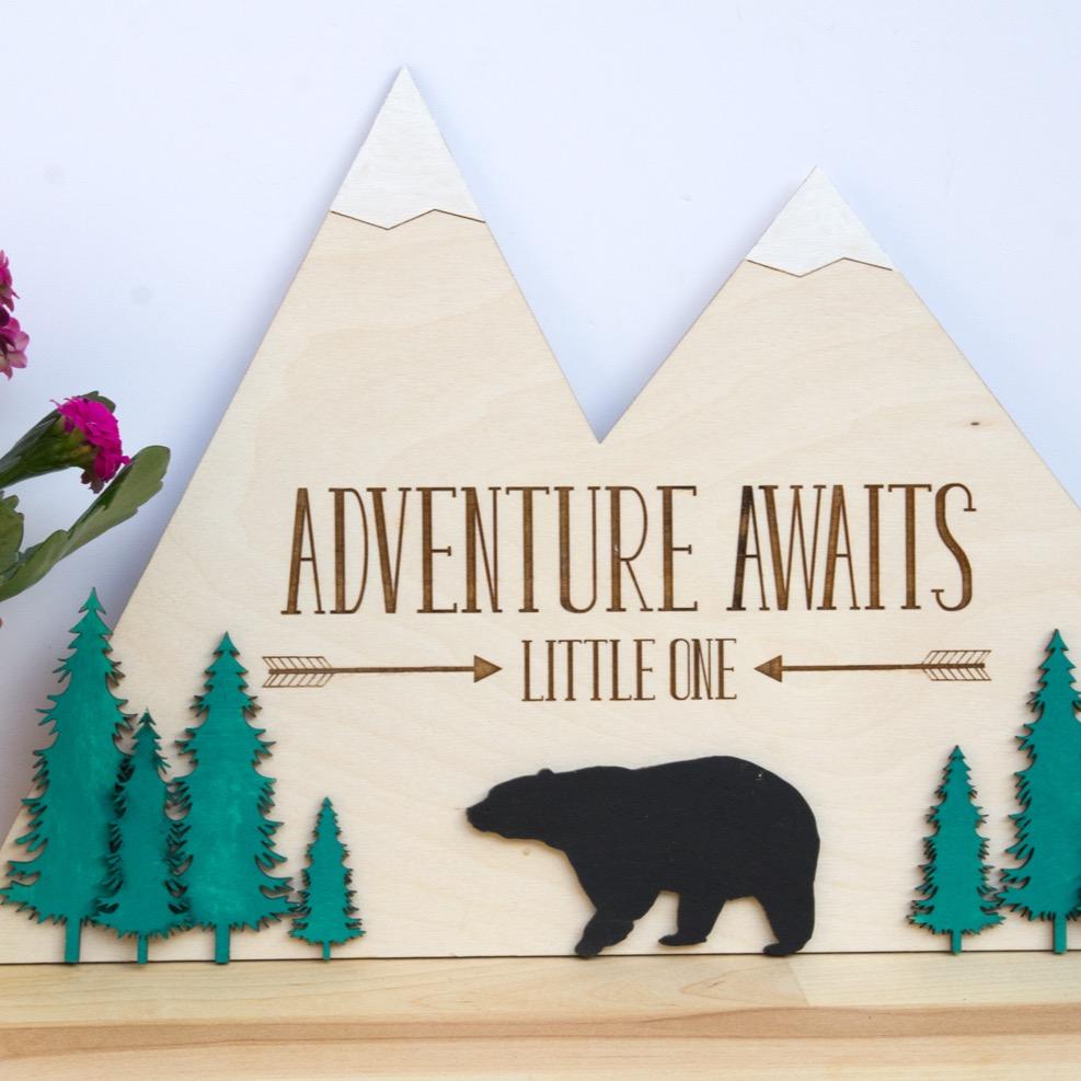 Adventure awaits wooden adventure sign – Birch and Tides