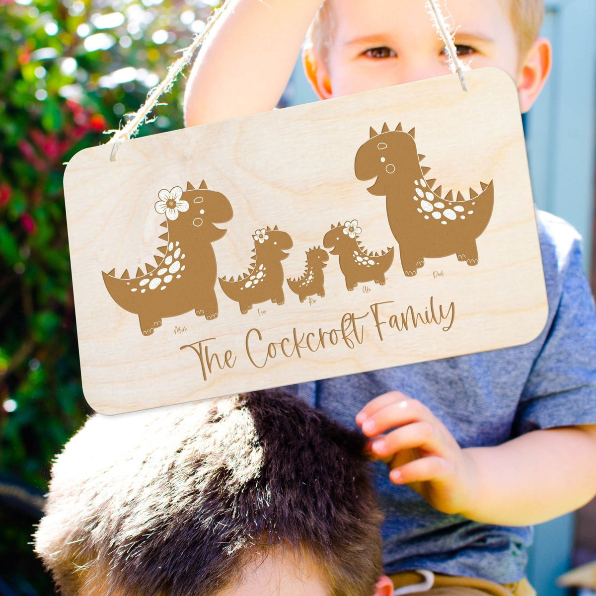 Dinosaur personalised family wooden sign – Birch and Tides