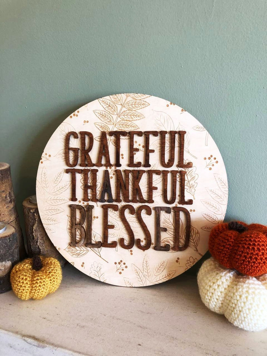 Grateful, Thankful and Blessed wooden autumn sign – Birch and Tides