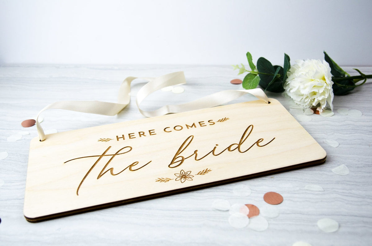 Here comes the Bride wooden Wedding Ring bearer Sign – Birch and Tides