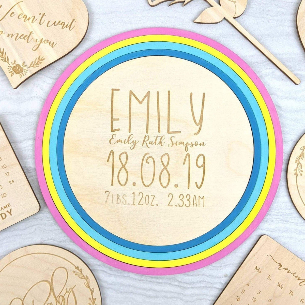 Rainbow Newborn baby birth details sign – Birch and Tides